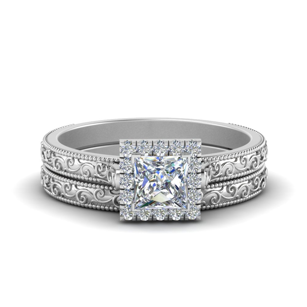 Hand Engraved Halo Princess Cut Bridal Ring Set – Fascinating Diamonds