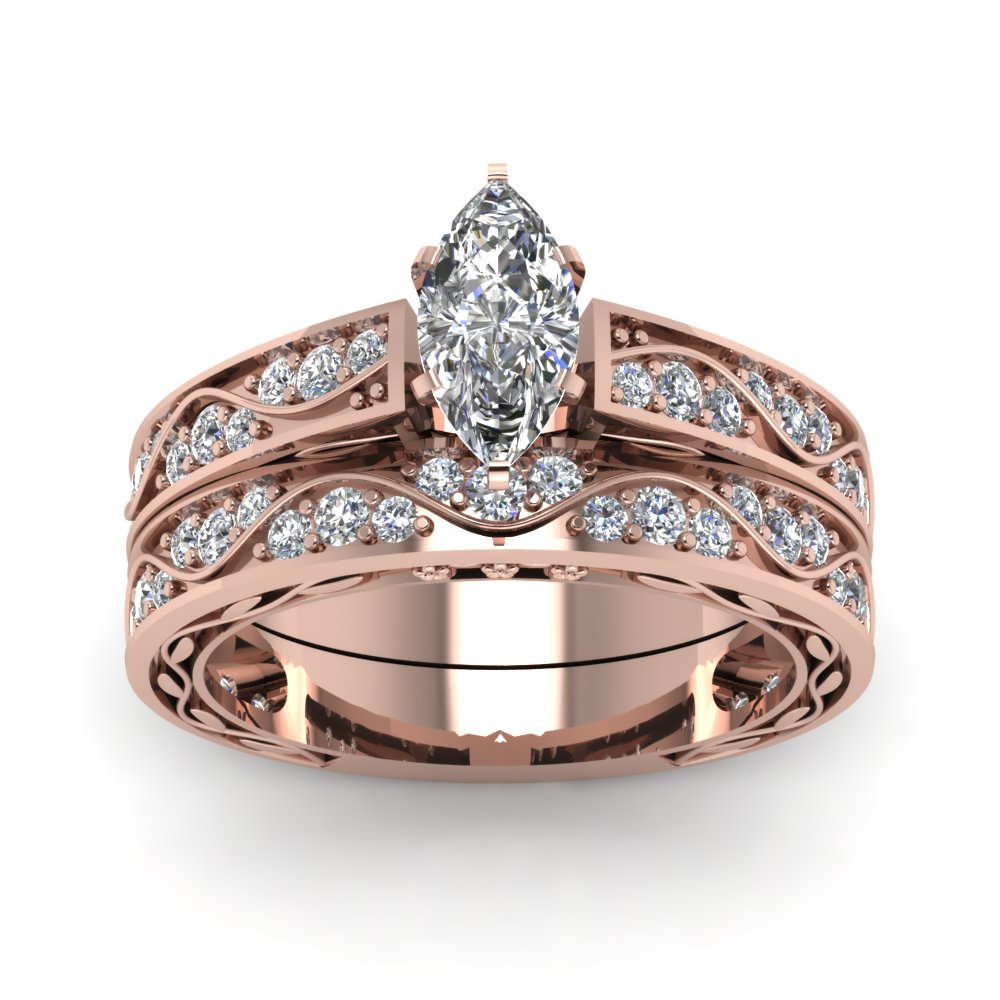 Antique Filigree Marquise Diamond Bridal Ring Set – Fascinating Diamonds