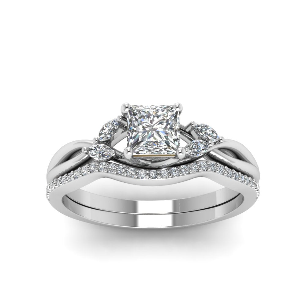 Princess Cut Diamond Vine Leaf Marquise Accent Bridal Set – Fascinating ...
