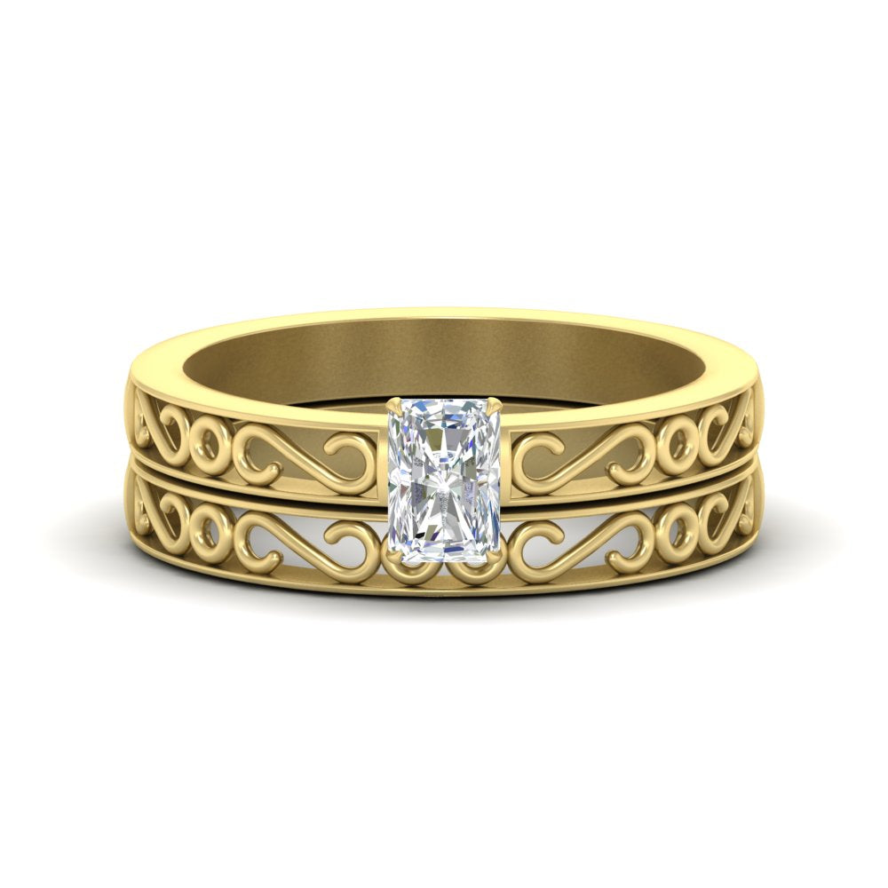 Radiant Cut Filigree Single Stone Wedding Set – Fascinating Diamonds